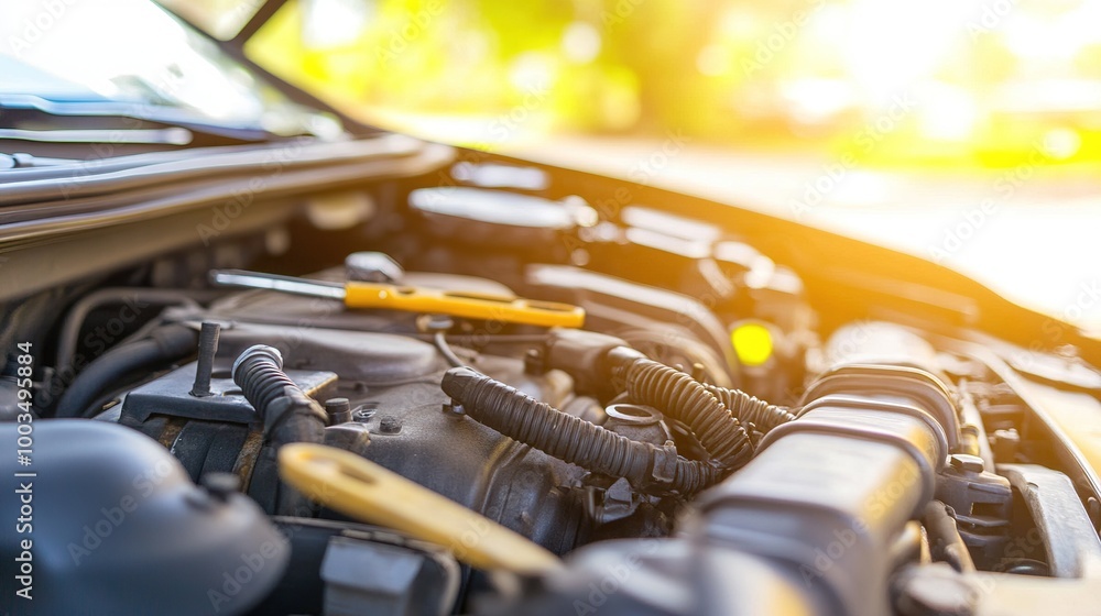 Mechanic inspecting engine with tools scattered around, symbolizing ...