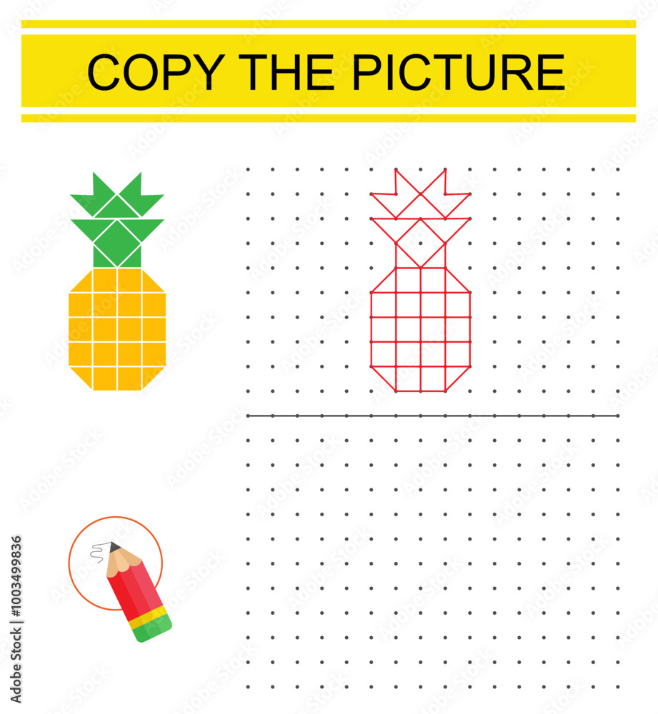 Educational game for preschool kids. Copy the cartoon pineapple picture ...