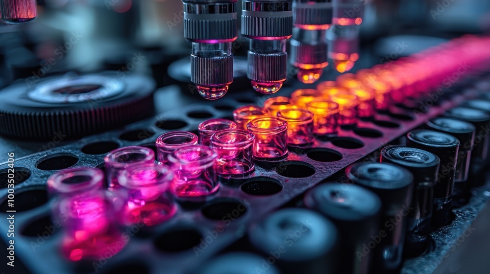 Laboratory analysis with precision pipettes dispensing colorful fluids ...