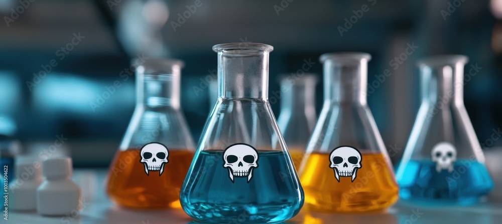 Detailed shot of a laboratory table with various poisonous substances ...