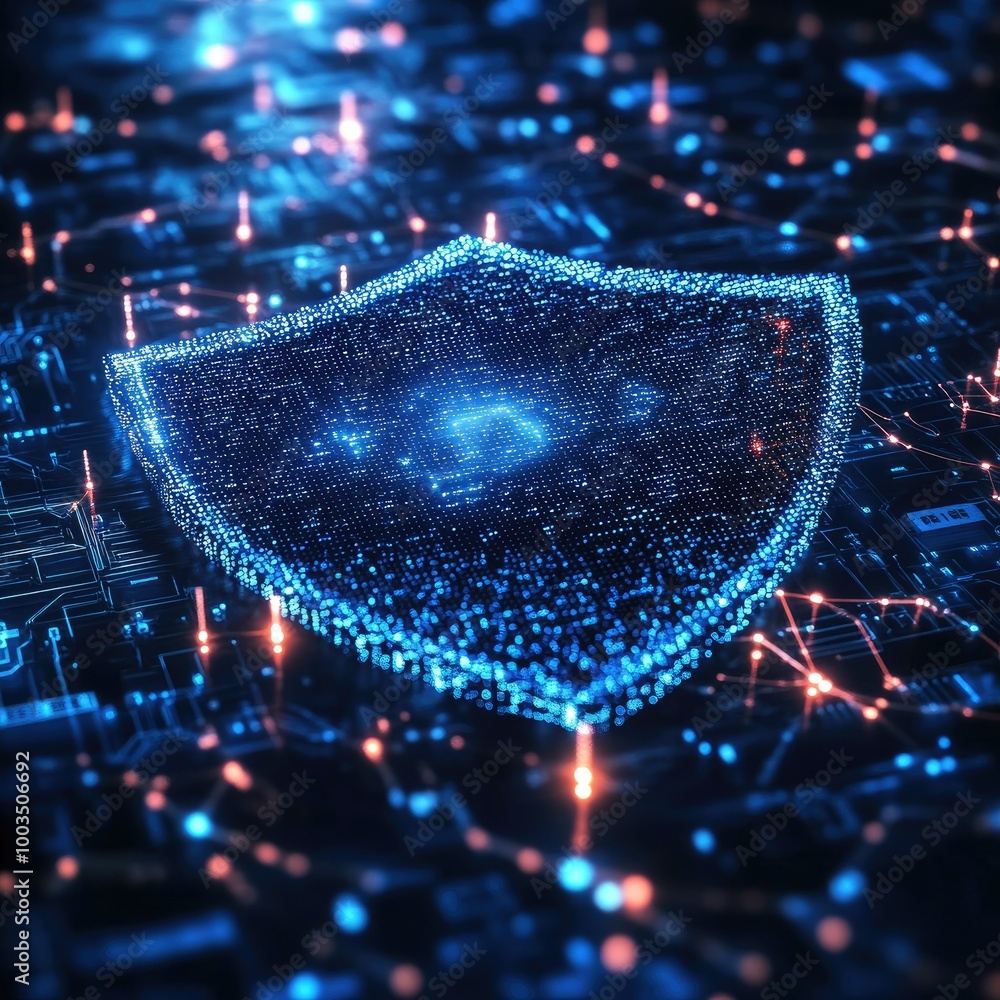 Glowing security shield icon hovering over a digital network ...