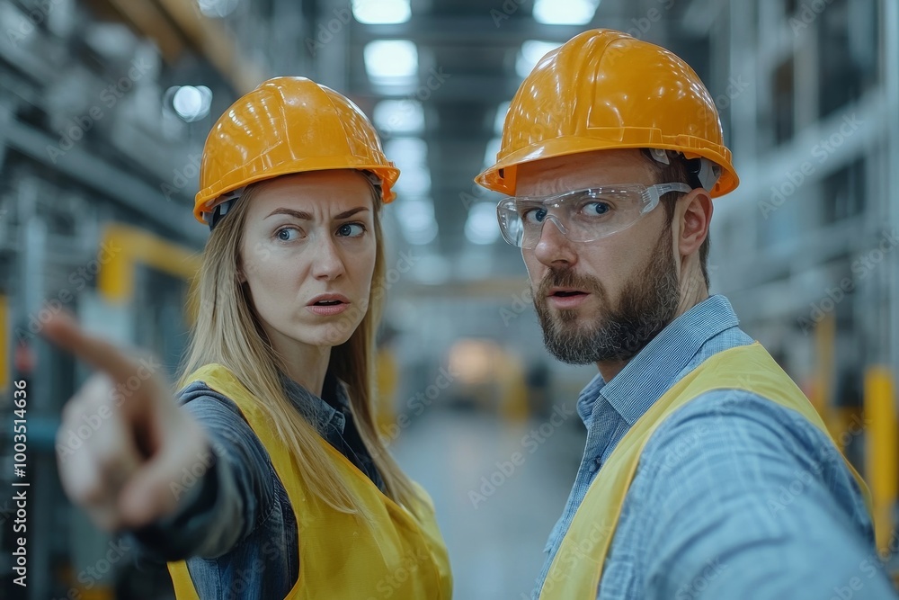 Supervisor, manager scolding employee in modern industry factory ...