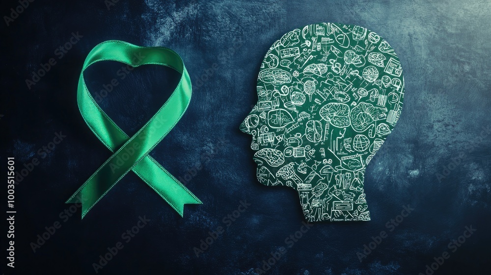 Mental health care symbols with a green ribbon, symbolizing psychology ...