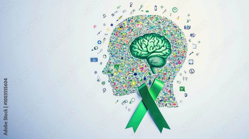 Mental health care symbols with a green ribbon, symbolizing psychology ...