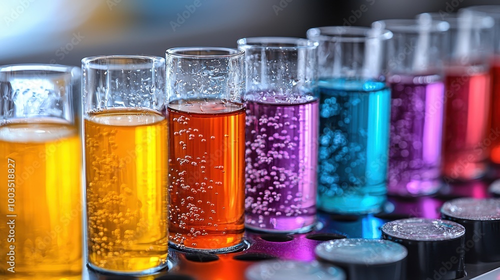 Colorful test tubes filled with bubbling liquids displayed on a ...