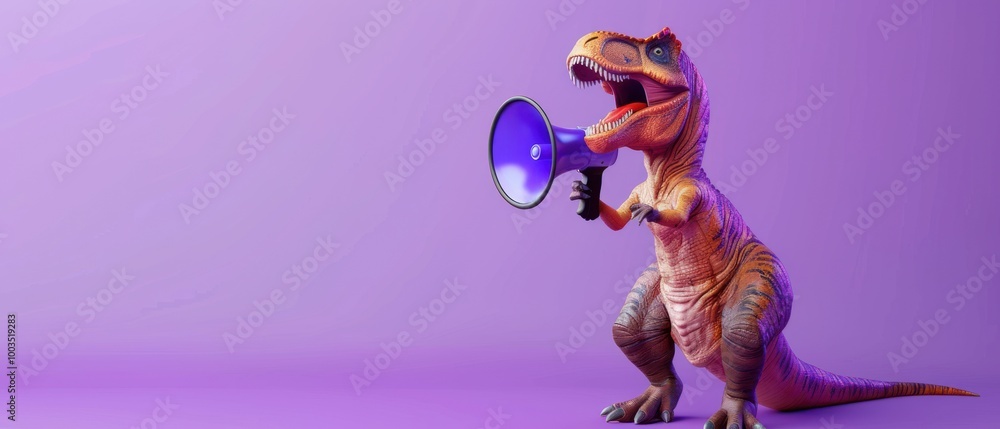 Cute t-rex holding megaphone and screaming on purple background, 3d ...