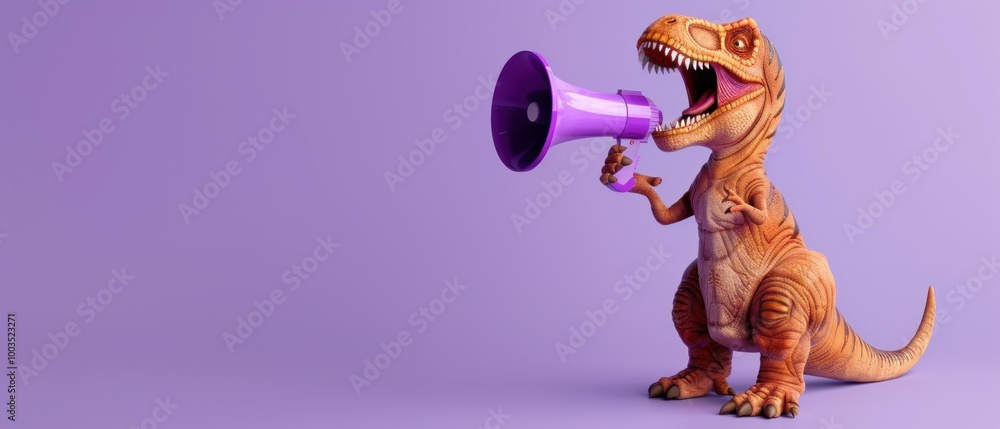 Cute t-rex holding megaphone and screaming on purple background, 3d ...