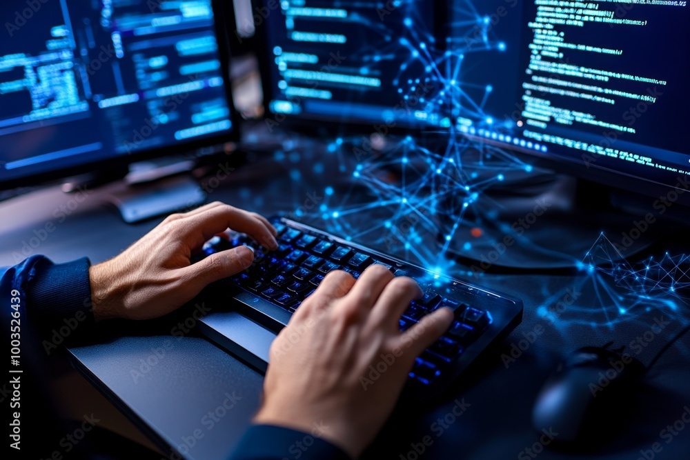 A hacker in a dark room typing on a keyboard, with lines of code and ...