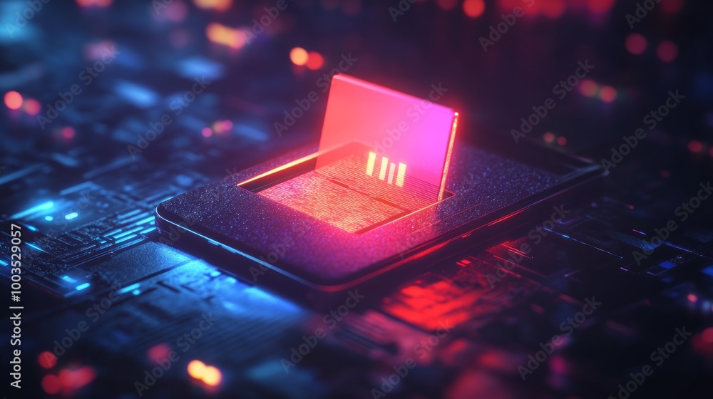 eSIM concept. Holographic projection wite smartphones. eSIM card chip ...