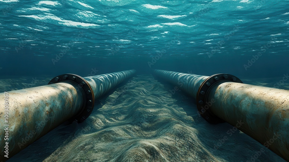 Gas transportation pipelines beneath the sea, with sections visible ...