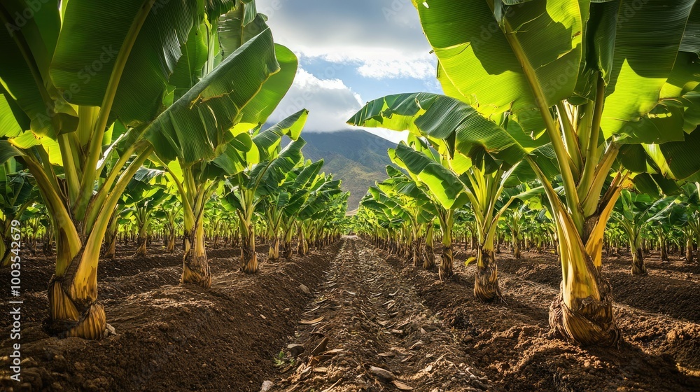 Dense rows of Dwarf Cavendish banana plants thriving in the fertile ...