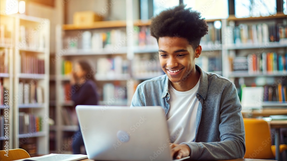 Happy Black teenager student prepare assignment, learning theory, using ...