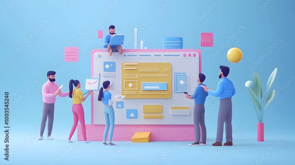 Web UI UX Design Teamwork concept 3D illustration. Team People Building Creating website User ...