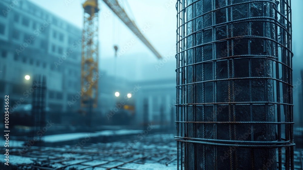 Wire mesh rebar forming the base structure of a large building pillar ...