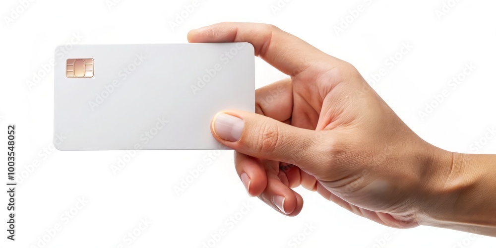 Hand-holding blank credit card mockup isolated on a white background ...