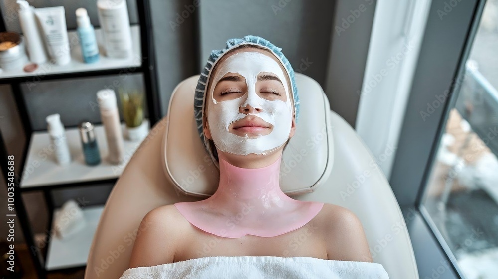 Top view of a young woman receiving a luxury facial mask treatment ...