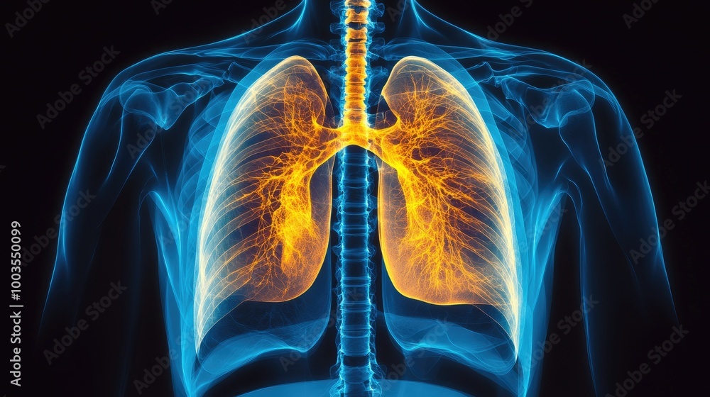 Radiant X-ray image of a chest cavity, highlighting the ribcage and ...