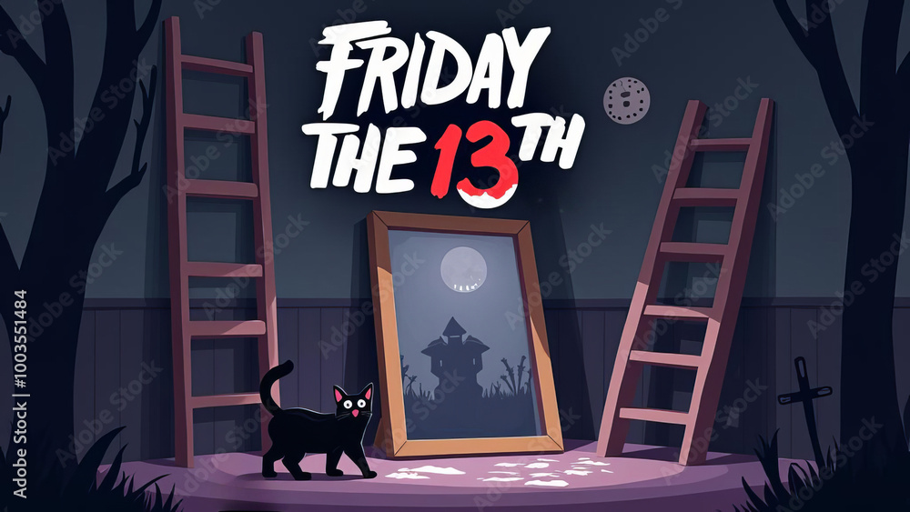 Friday the 13th Superstition: Spooky Night Scene with Black Cat and ...