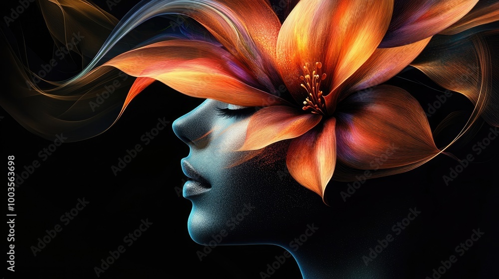 Abstract woman s face featuring a flower against a black background An ...
