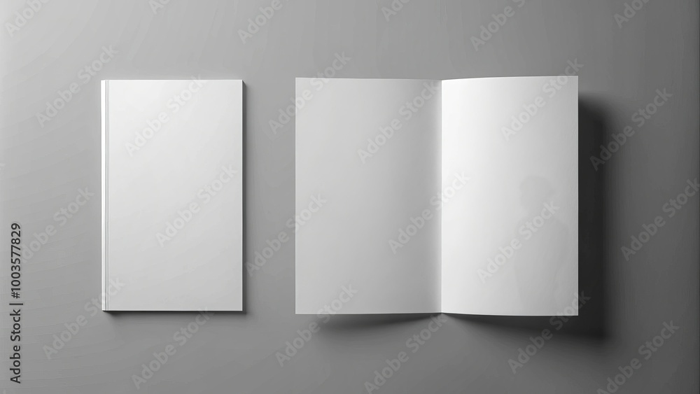 Open and Closed Blank Brochures on Grey Background for Mockup Design ...