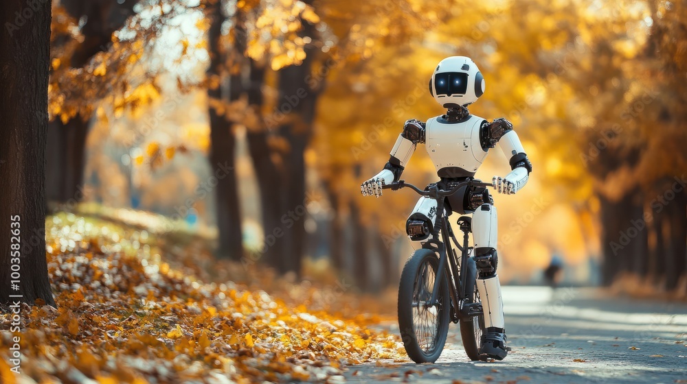 Happy humanoid robot rides a bicycle along the autumn alley. Robotic ...