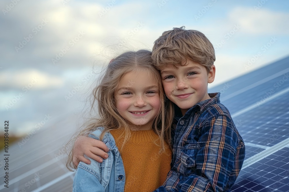 Two young siblings on roof with solar panels, looking at each other ...
