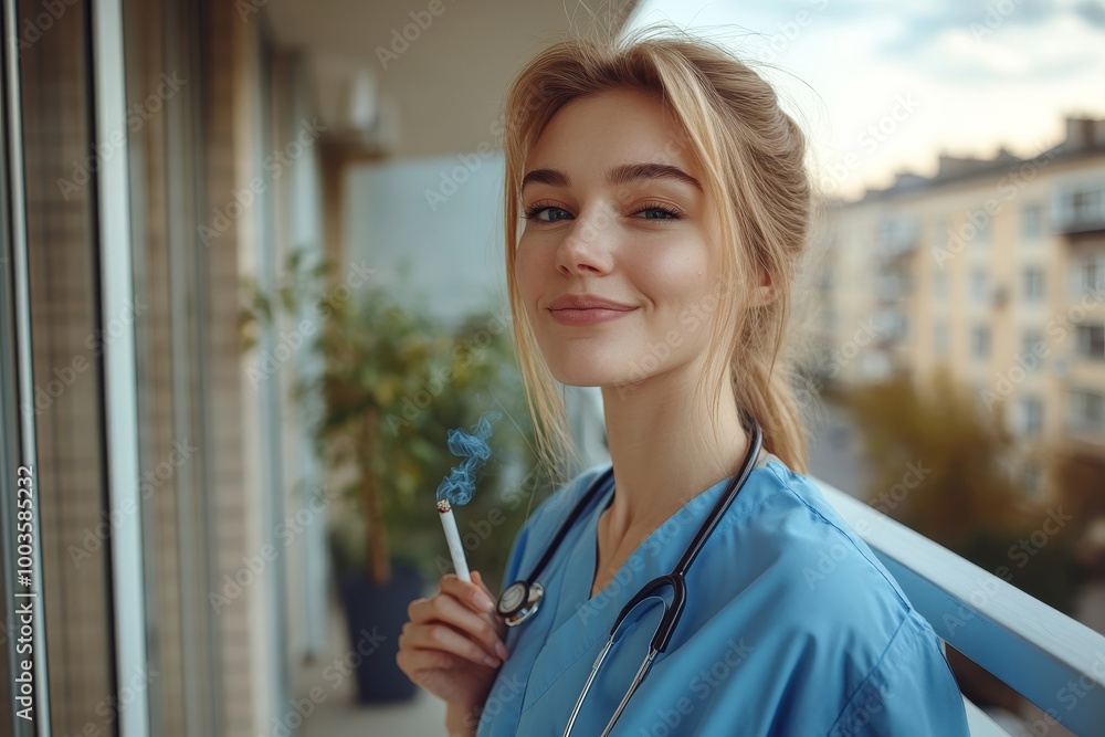 Nurse smoking cigarette at balcony after work. Doctor feeling ...