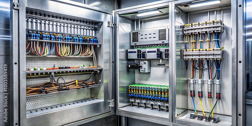 Stainless Steel Electrical Cabinet with Black Cables Inside, Industrial ...
