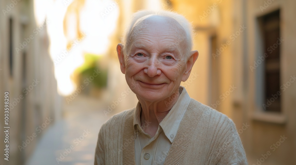 Elderly Italian Albino Man in His 70s Smiling in a Narrow Sunlit Alley ...