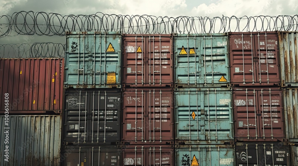 Stacked Shipping Containers Secured by Barbed Wire Stock Illustration ...