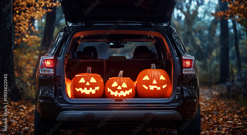 Trunk or treat scene with carved pumpkins in autumn forest setting ...