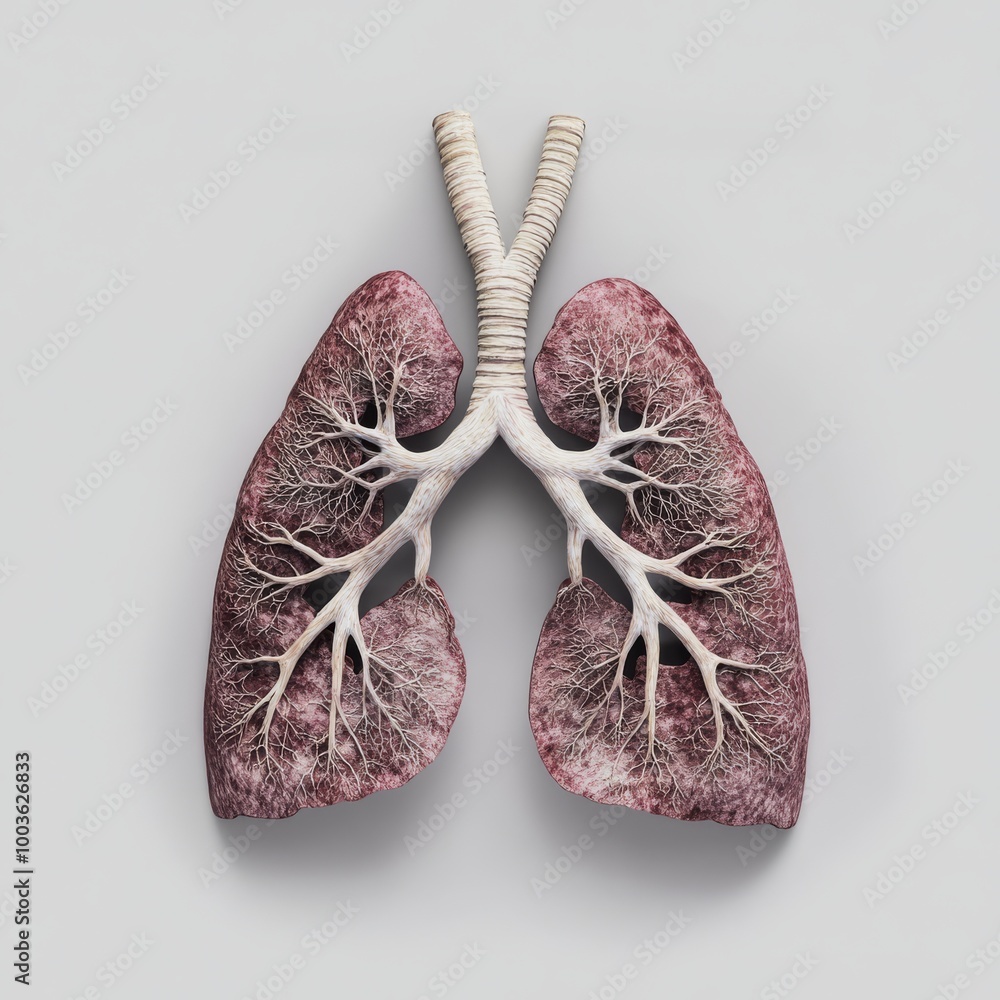 Detailed digital illustration of human lungs in a cutaway view, showing ...