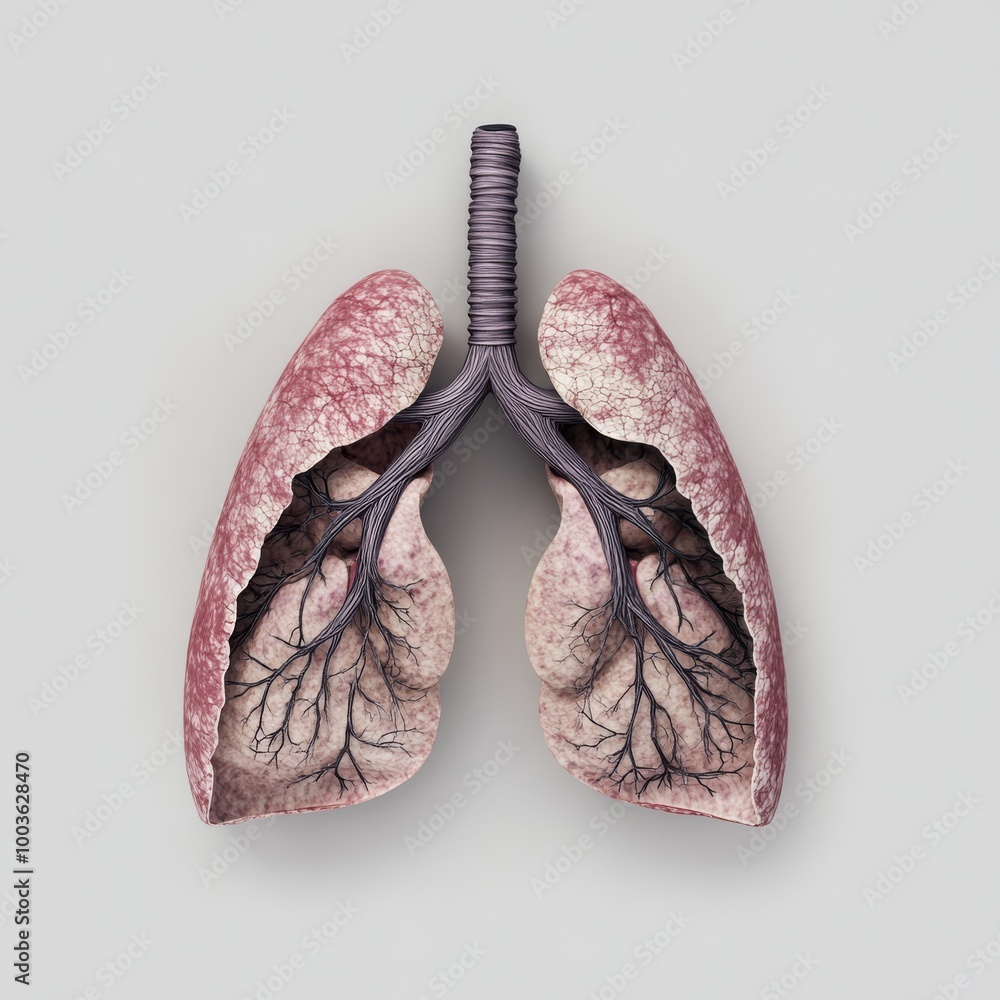 Detailed digital illustration of human lungs in a cutaway view, showing ...