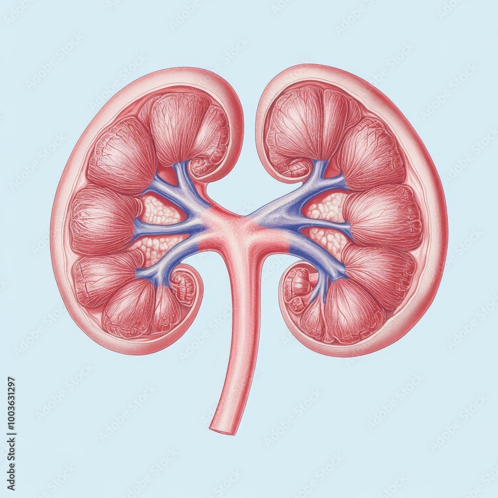 Detailed crosssectional illustration of the human kidneys showing ...