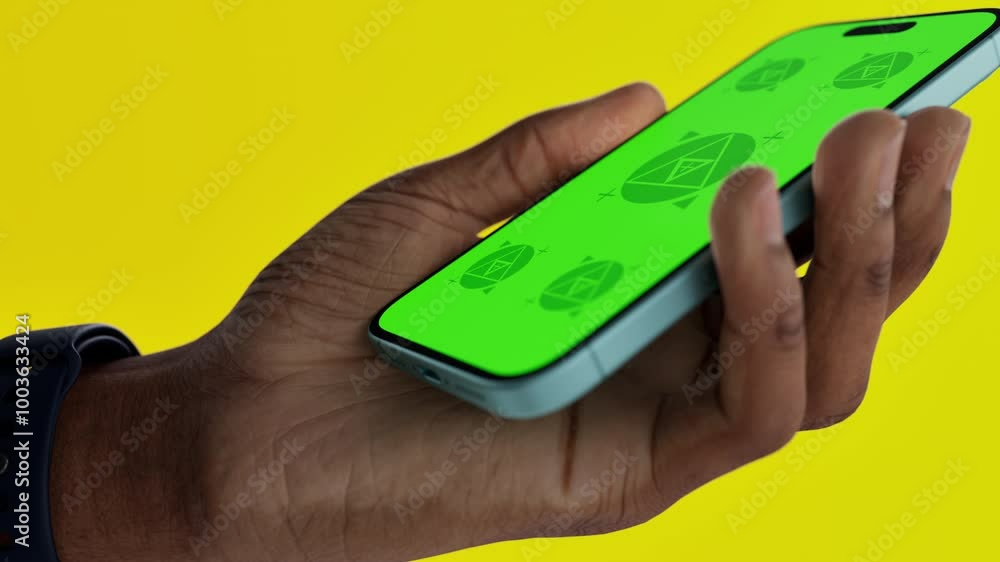 Black African-American young male using smartphone with a blank green ...