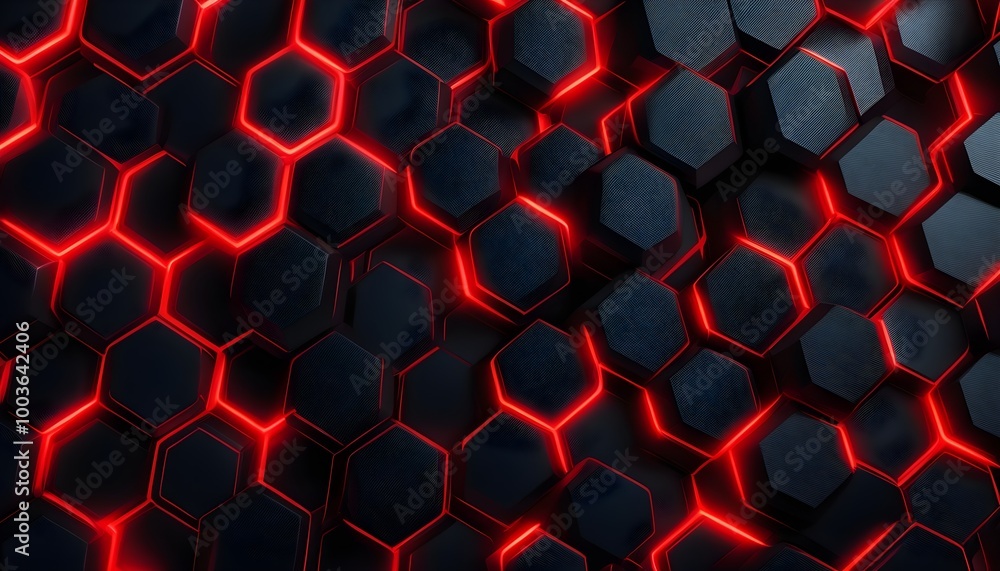 Dynamic hexagonal carbon fiber pattern featuring dark shades and glowing red lines, accentuated ...