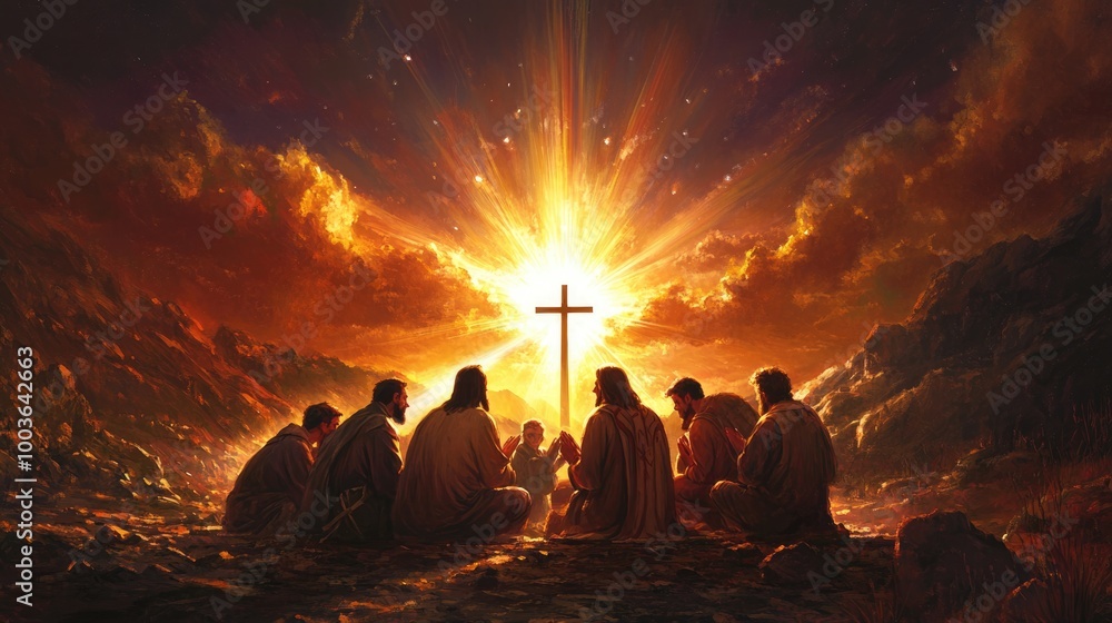 Jesus Christ and His disciples praying together, surrounded by a ...