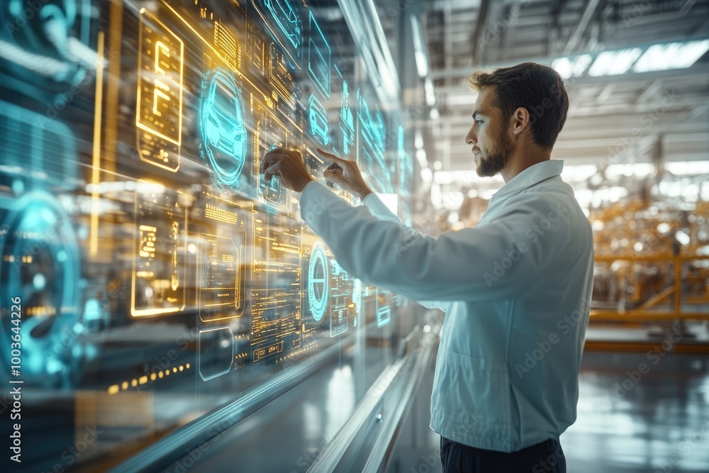 Very realistic and photographic photo of an engineer interacting with futuristic holographic ...