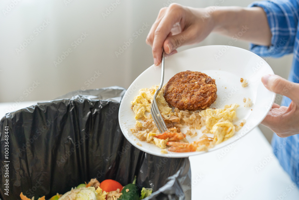 Compost from leftover food, refuse asian young housekeeper woman, girl ...