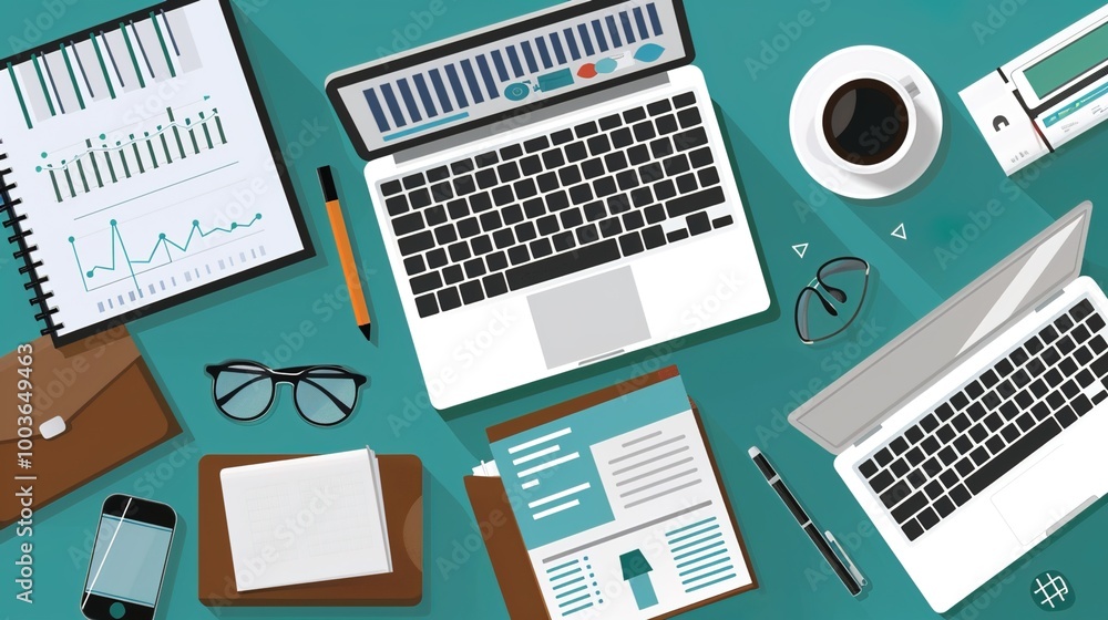 Team workflow. Marketing strategy brainstorming. Paperwork and digital ...