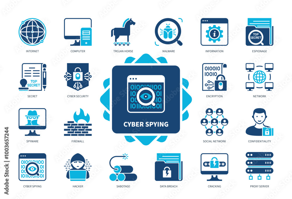 Cyber Spying icon set. Proxy Server, Cracking, Network, Espionage ...
