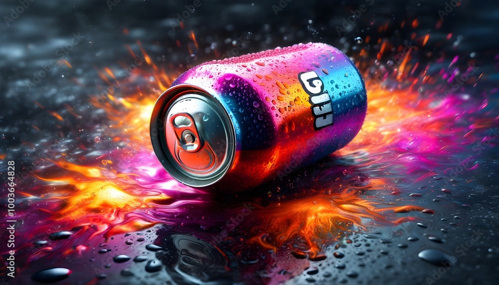 Dynamic refreshment of vibrant energy drink can adorned with water ...