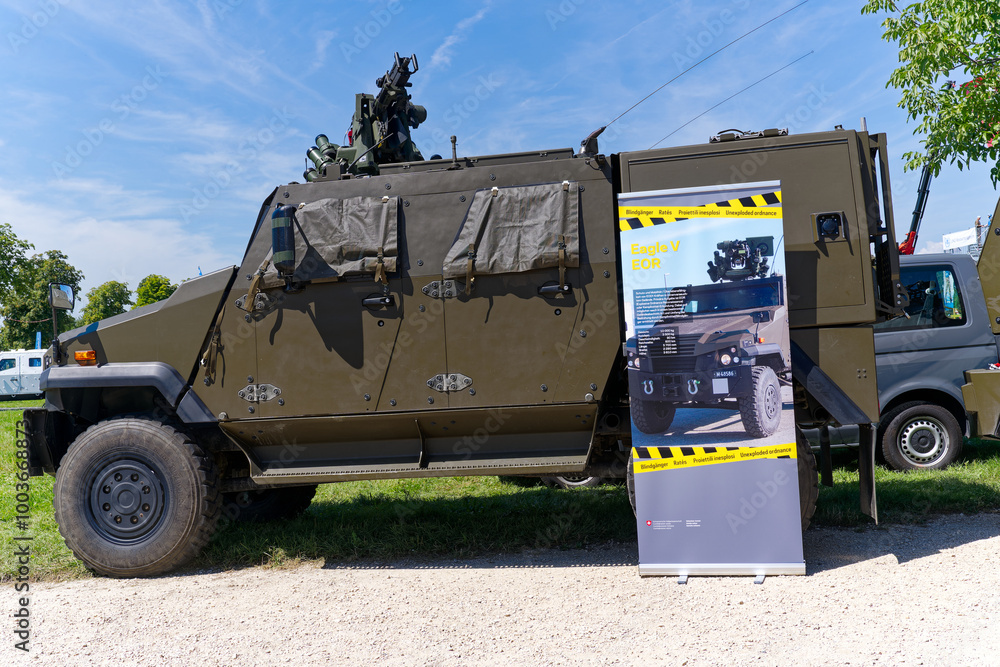 Parked Mowag armored vehicle model Eagle V EOR at Swiss Army exhibition ...
