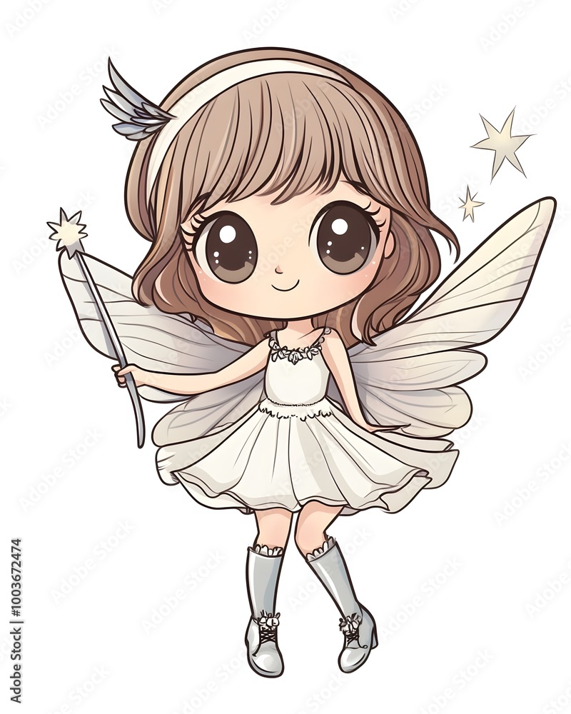 a cute, cartoon-style illustration of a fairy. The fairy has big, round ...