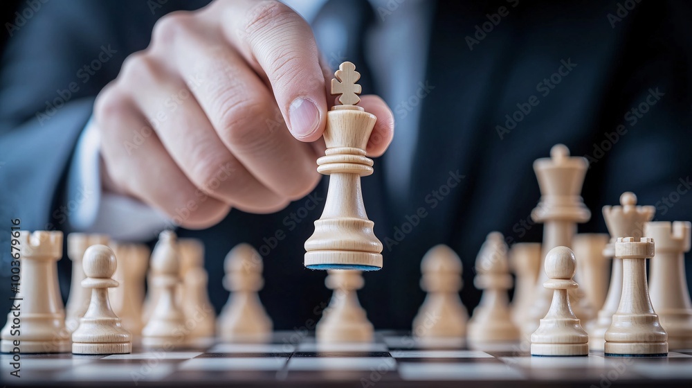 view of a chess board with a hand wearing a suit coming from behind the ...