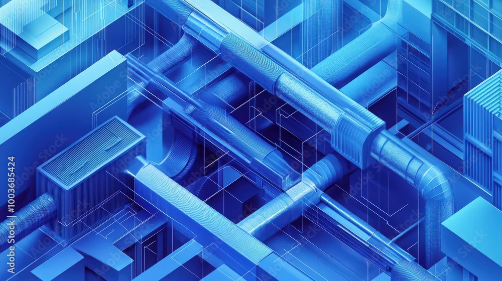 3D isometric illustration blueprint of an architectural HVAC ductwork ...