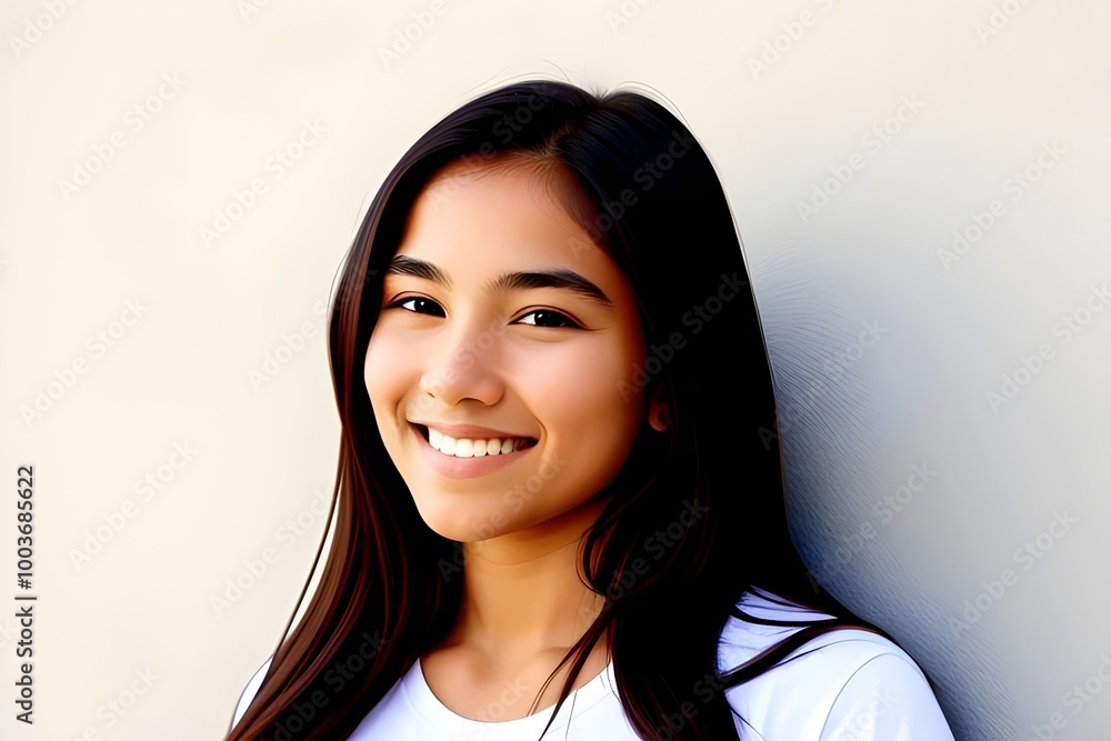 isolated Young pretty happy smiling native american woman set against a ...