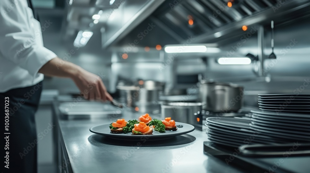 Chef plating gourmet dish in a modern kitchen, focus on vibrant colors ...