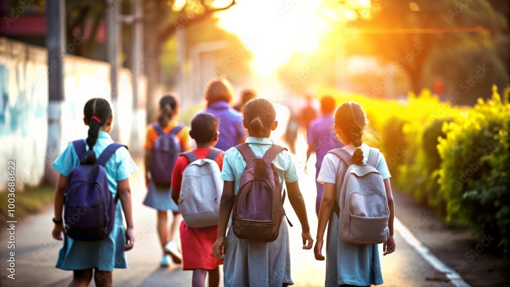 student going for class in elementary school with friends, back to ...