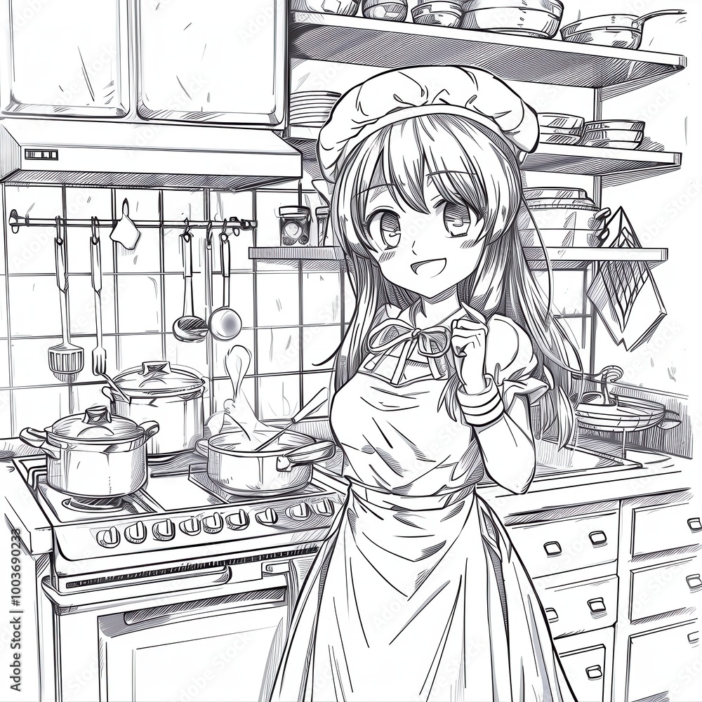 A teenage girl anime wearing a chef clothes, cooking in a kitchen ...